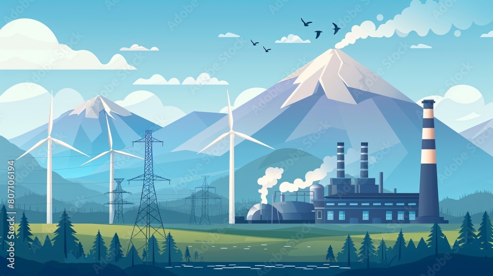 An illustration of a traditional fossil fuel power plant being replaced ...