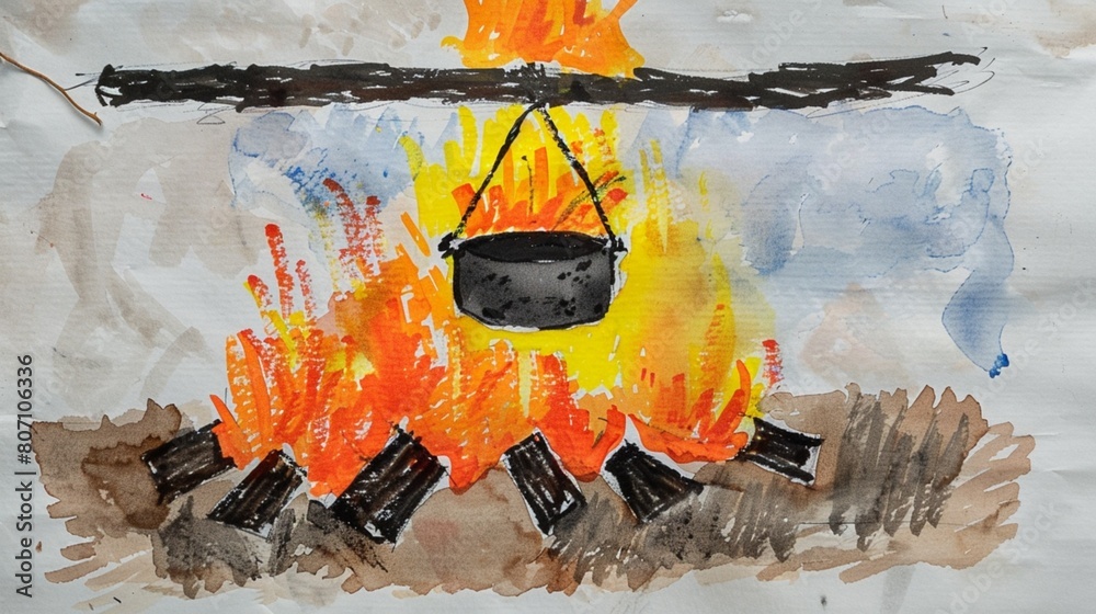 colour sketch of a wood fire, a black pot suspended above the fire from ...