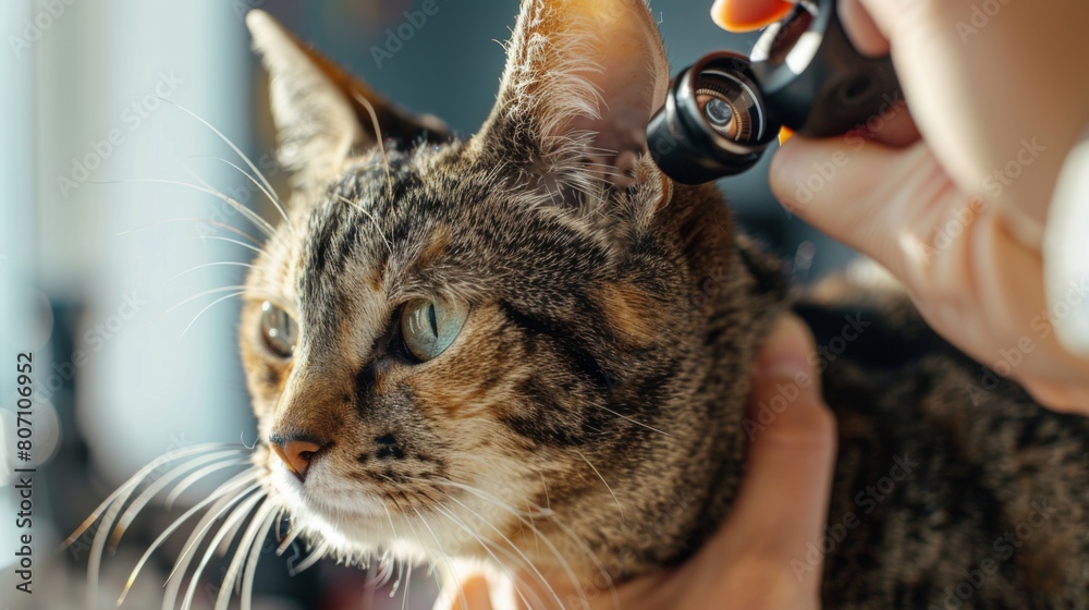 A veterinarian examining a cat's ears with an otoscope, checking for ...