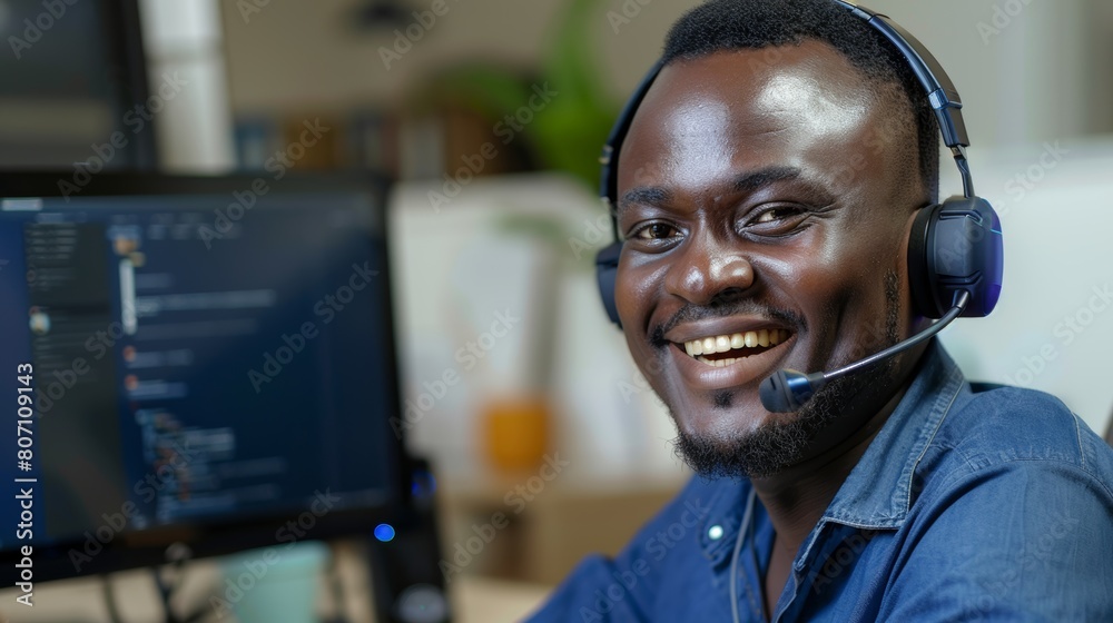 an office operator with dark skin wearing headset with microphone and ...