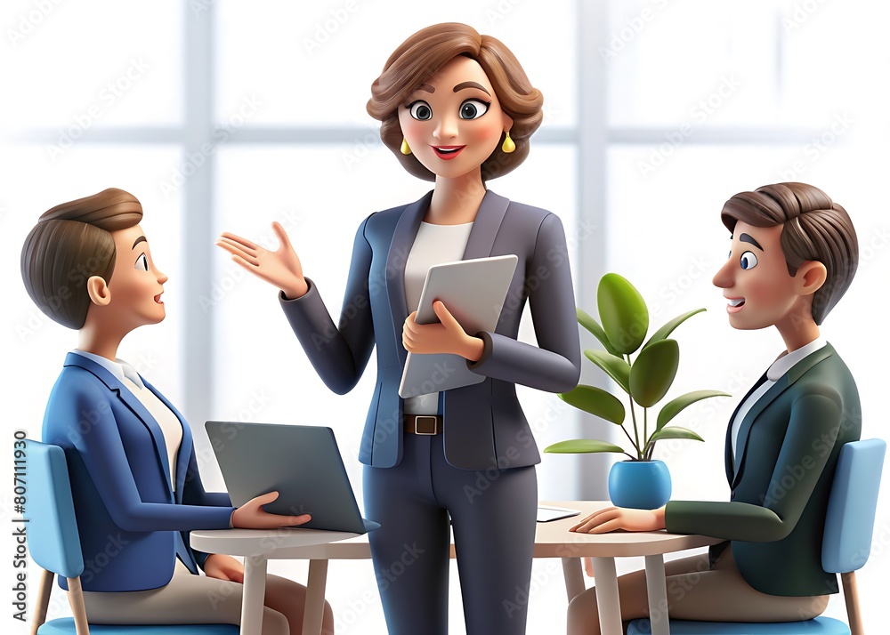 3D Business Woman giving a motivational speech to a team, arms ...