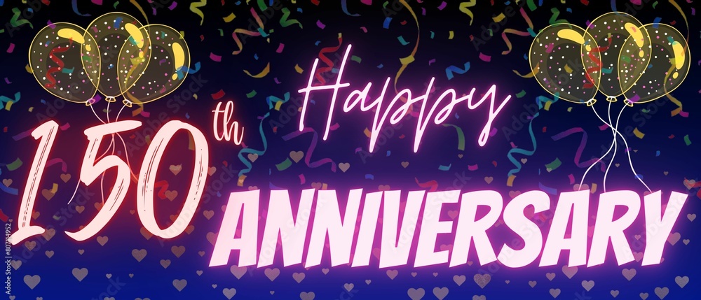 150th anniversary neon calligraphy text and number. Confetti and ...