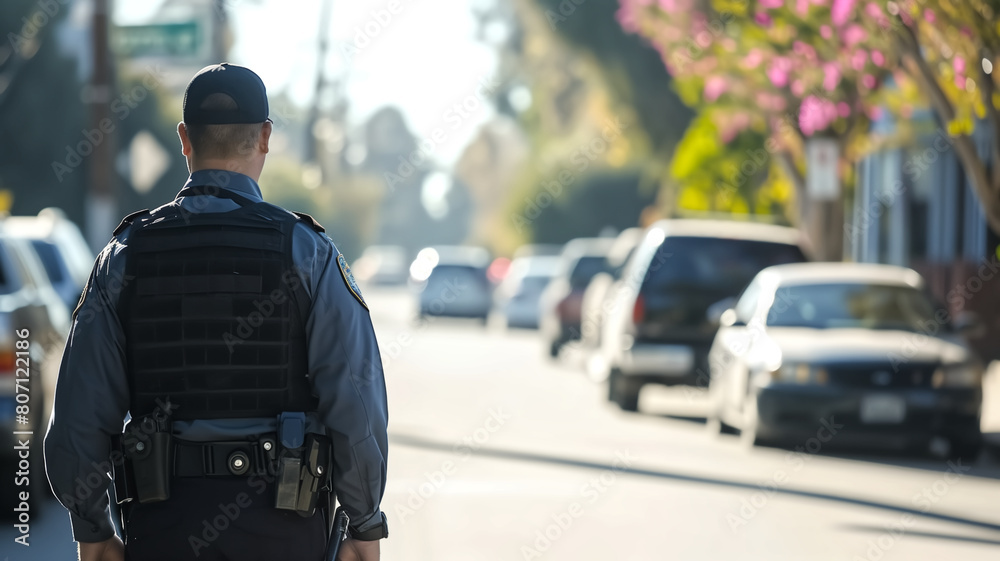 Back view of a police officer walking down a suburban street, equipped ...