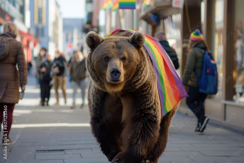 A large grizzly bear with a rainbow flag on its back, representing LGBT pride. Stock ...