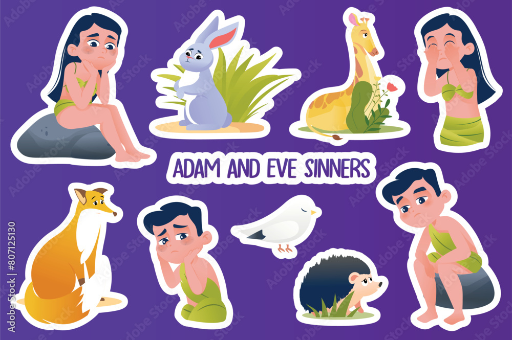 Set of stickers Adam and Eve sinners in flat cartoon design. This ...