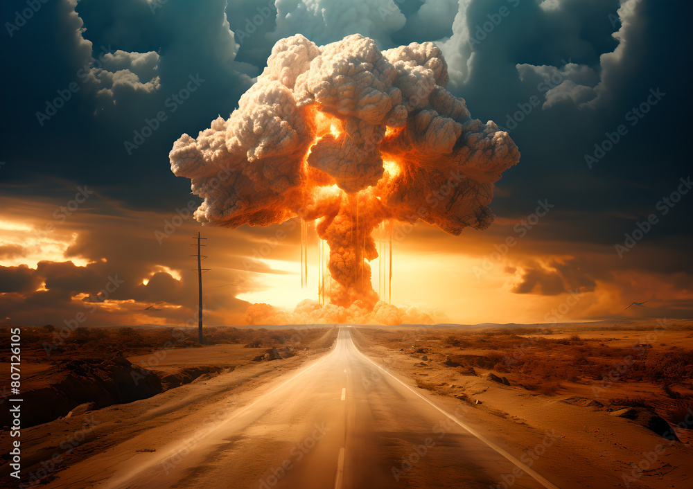 Nuclear atomic bomb explosion on desert road creating a mushroom cloud ...