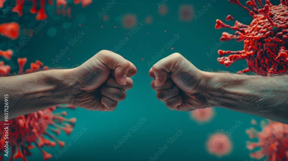 During the Coronavirus covid-19 pandemic, two fists with an image of a ...