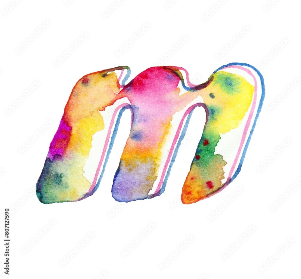 A small, vibrant rainbow watercolor letter "m" on a white background ...