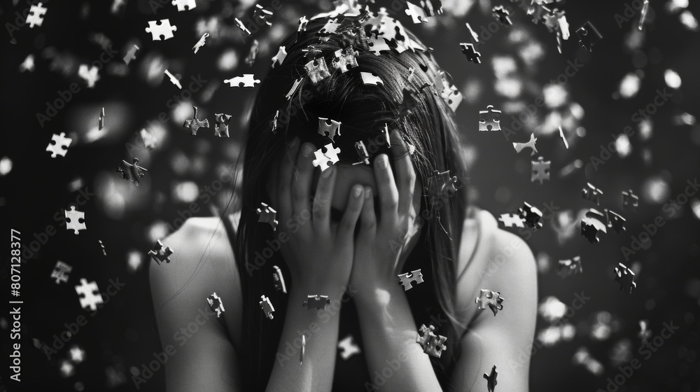 Self-destruction concept. Woman covers her face with her hands on black ...