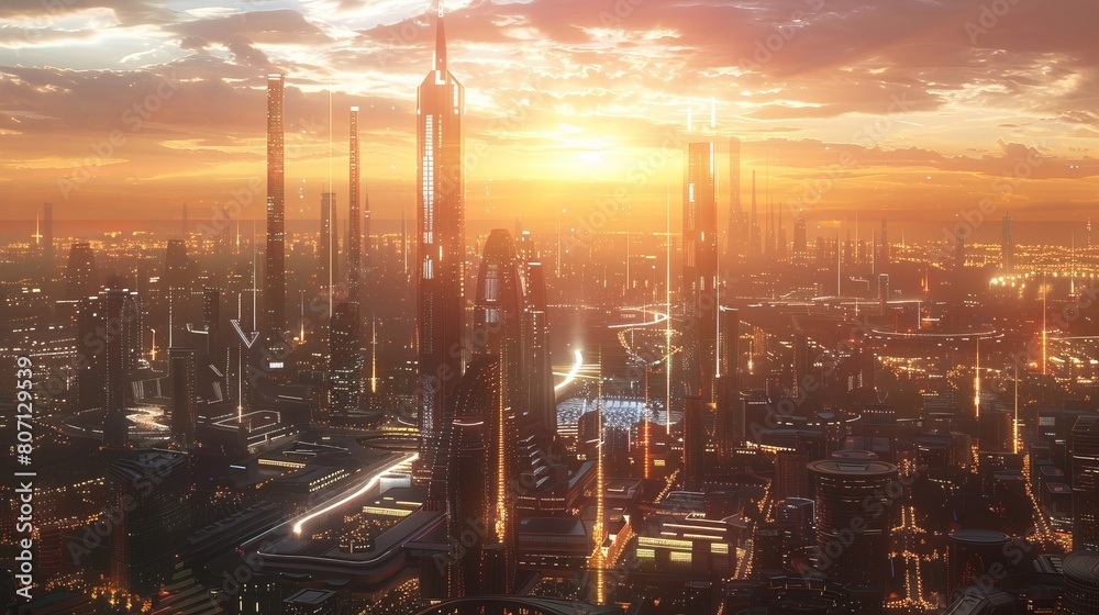 Rendering of a future mega city complex bathed in the warm light of ...