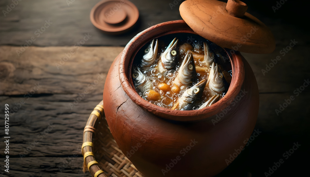 Traditional Thai Fermented Fish Stew in Clay Pot with Aromatic Herbs ...