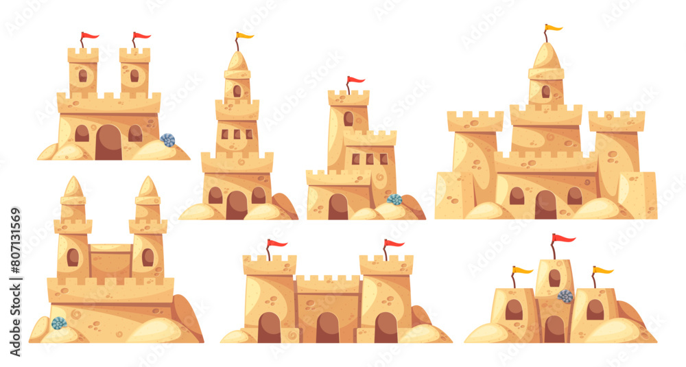Collection Of Sand Castles, Complete With Flags And Seashells. Various ...
