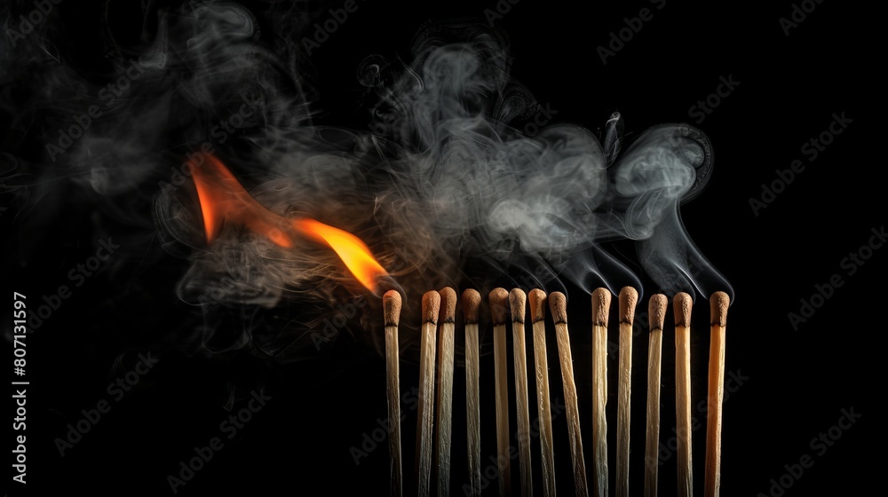 Wooden matches on fire with smoke, depicted against a black background ...