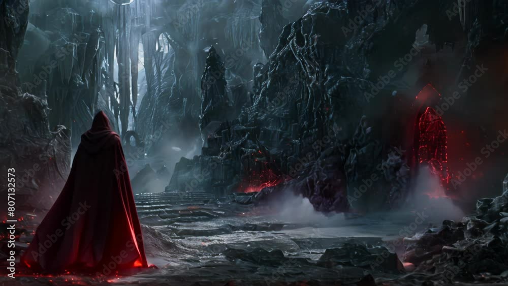 Cloaked figure approaching a glowing red portal in a dark icy cave ...