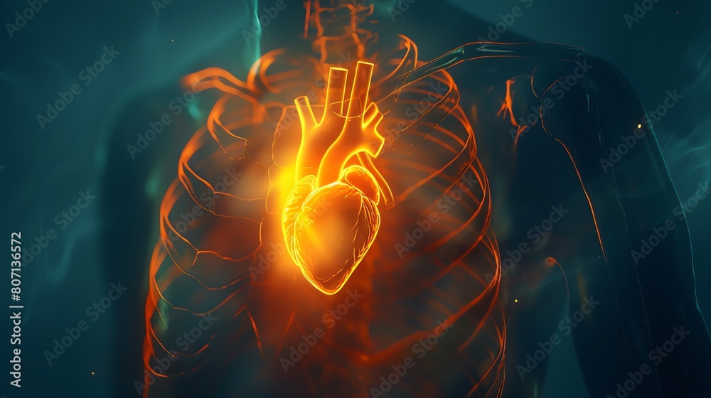 Closeup Xray view focusing on a glowing heart within the ribcage ...