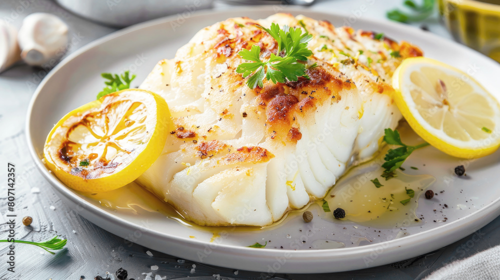 Side view of baked cod with lemon garnish, a white fish restaurant dish ...
