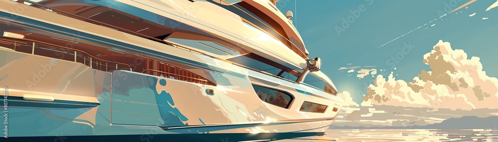 Illustrate a side profile of a lavish yacht featuring opulent interiors ...