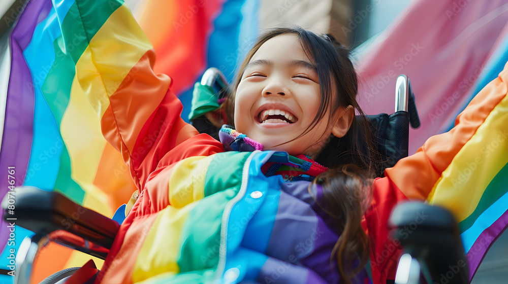 Happy young disabled asian girl in wheelchair with rainbow outfit ...