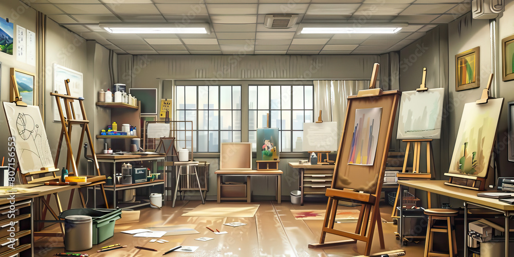 Art Room Floor: Showing art supplies, easels, drying racks, and ...