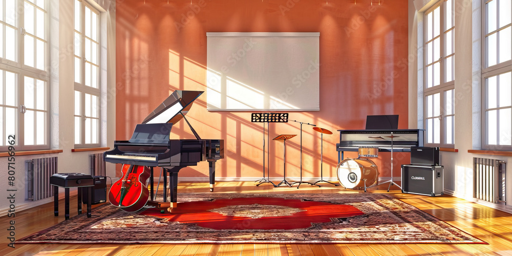 Music Room Floor: Featuring musical instruments, sheet music stands, a ...