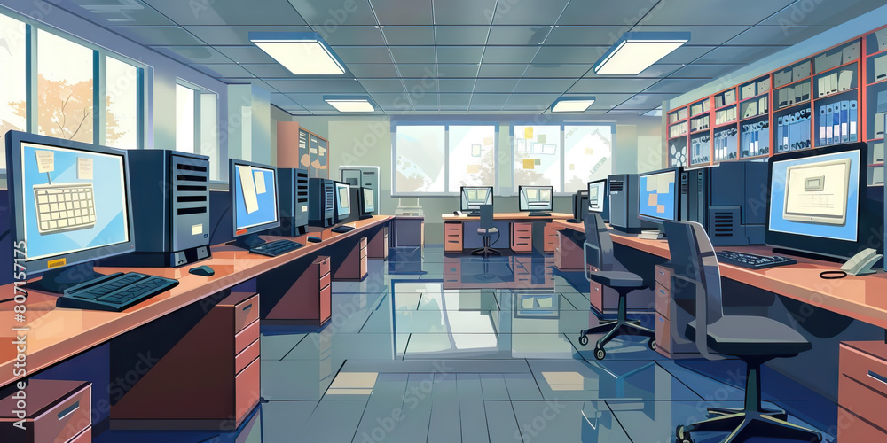 Computer Lab Floor: Displaying computer workstations, printers, and ...