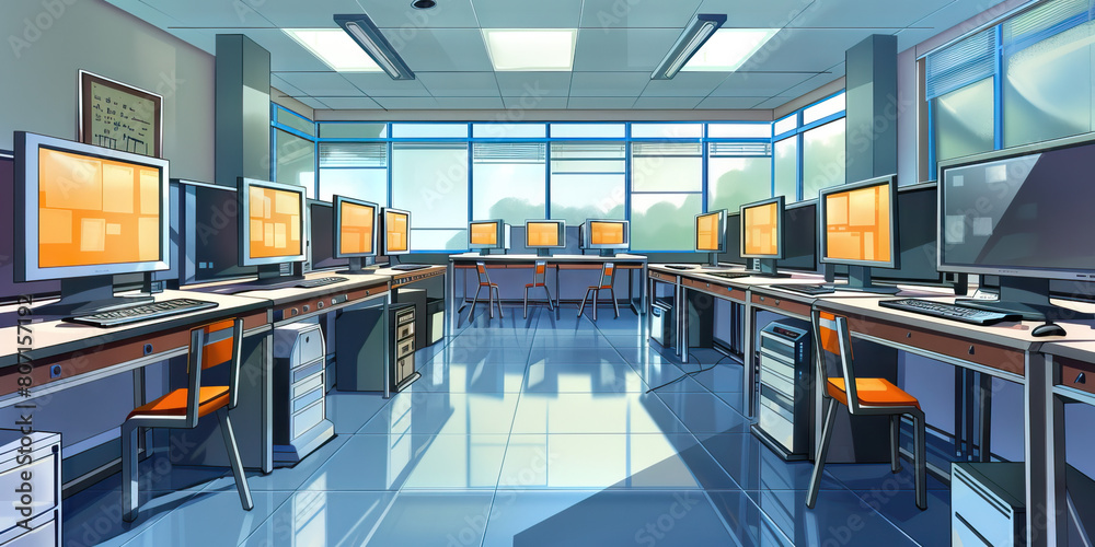 Computer Lab Floor: Displaying computer workstations, printers, and ...