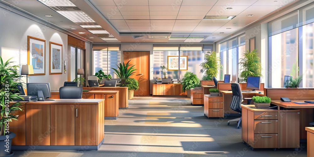 Administrative Office Floor: Showing desks, filing cabinets, reception ...
