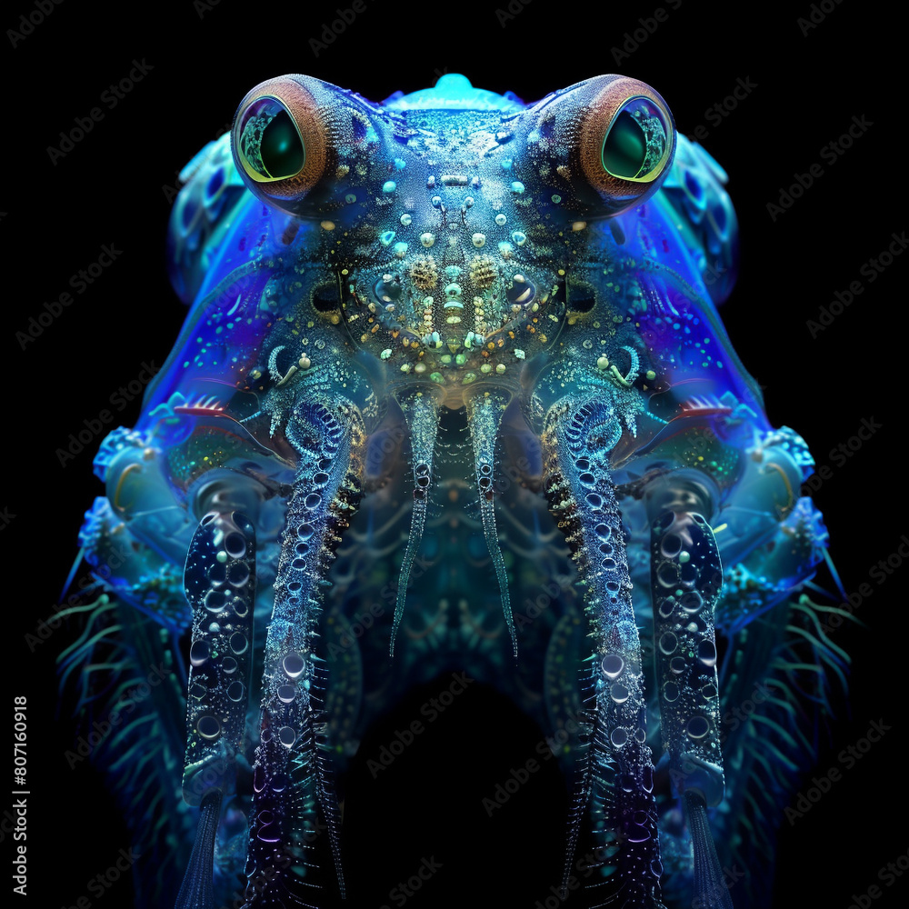 The image shows a glowing blue octopus-like creature with large eyes ...