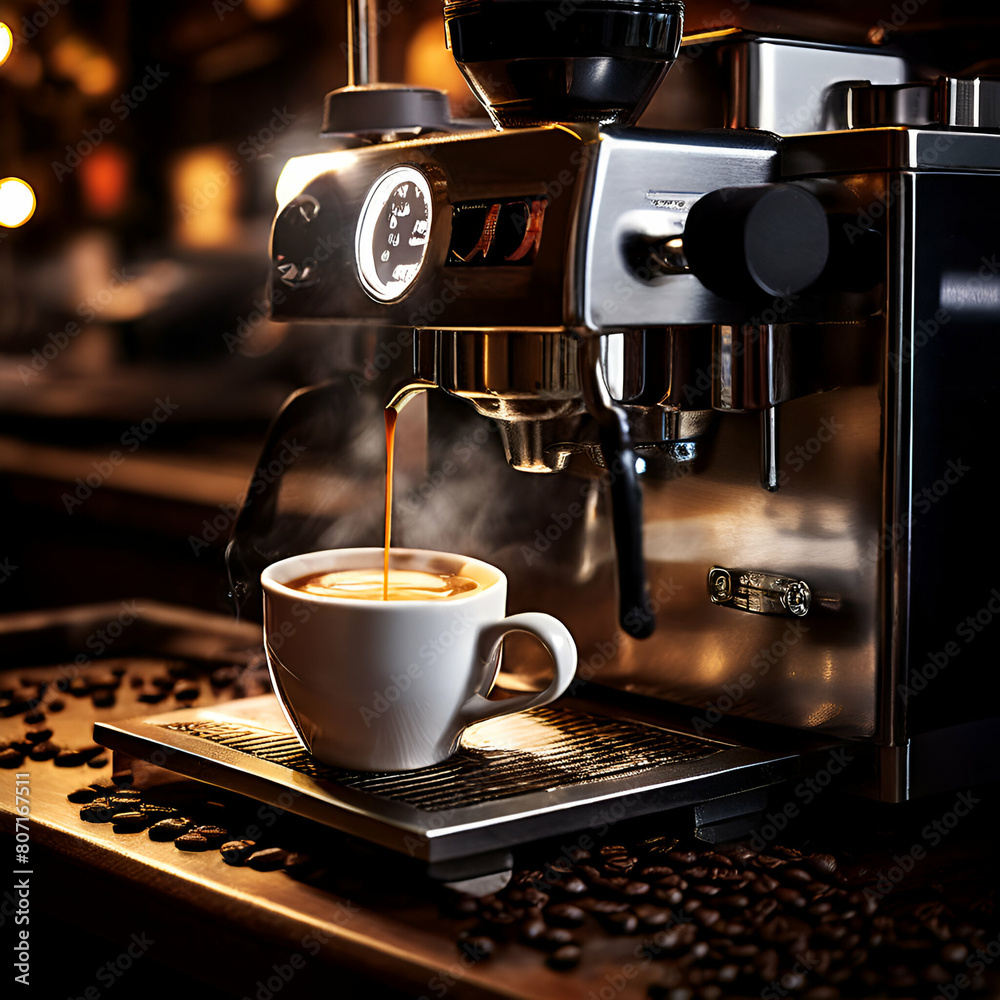 machine caf professionnelle en train de faire couler un expresso tout chaud dans une tasse,Man ...