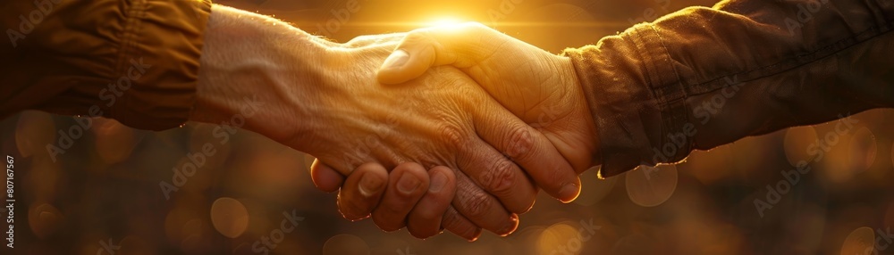 Handshake with a light shining on a dark area, Symbolizing technology ...