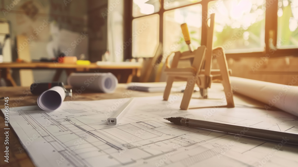 Architect?s Drafting Table, Technical drawing space with blueprints and ...