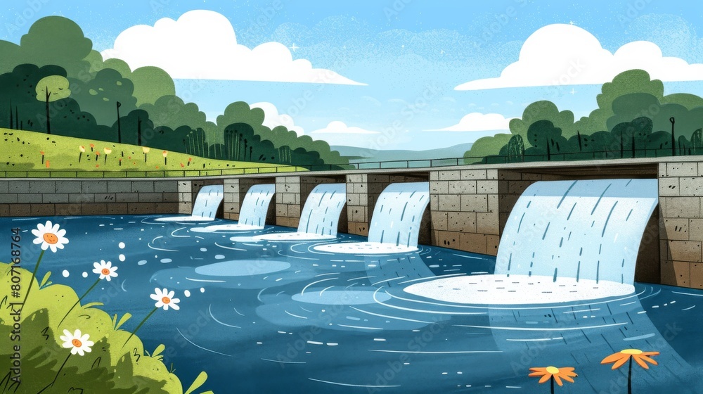 Cartoon illustration of a wastewater treatment plant with filtration ...