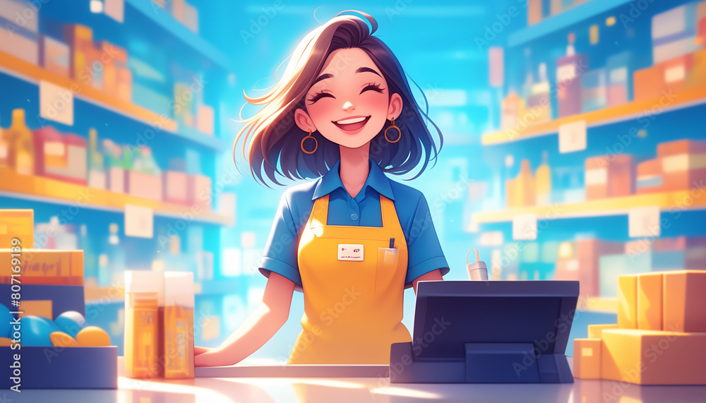 Cheerful Cartoon Illustration: Female Cashier in a Supermarket Smiling ...