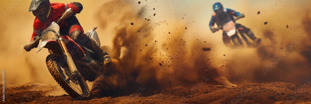 Two motocross riders fiercely competing in a race, kicking up clouds of ...