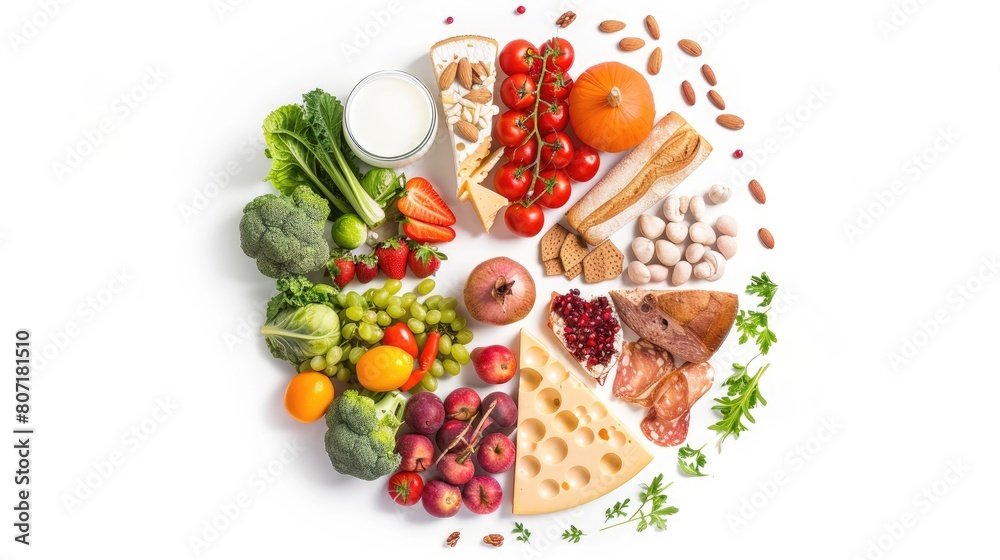a food group pie chart alongside a pyramid diagram, illustrating the ...