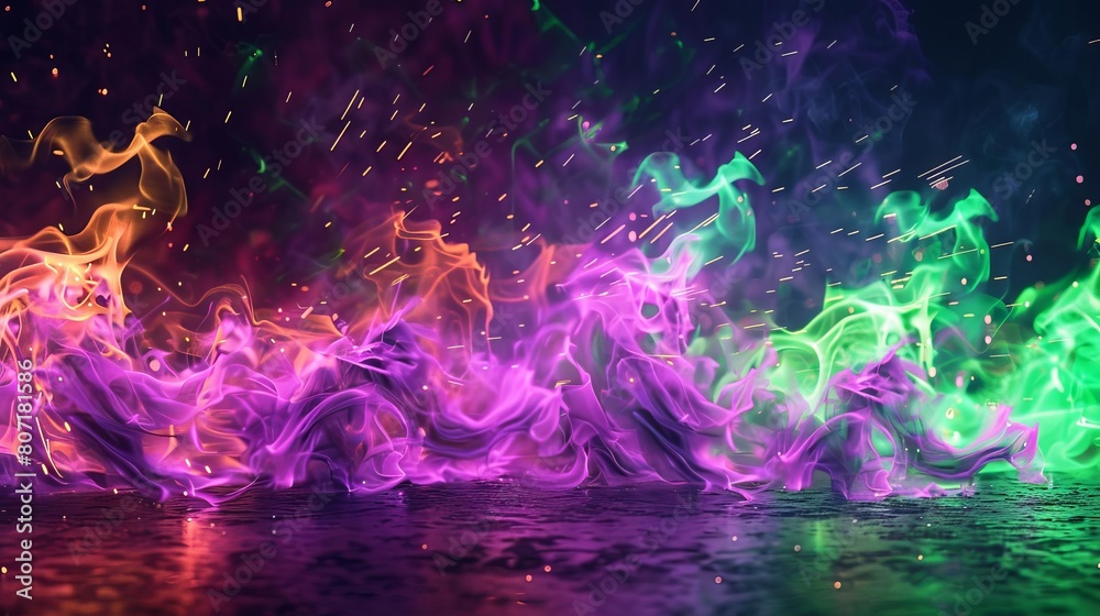 Abstract artwork of a fire explosion in a palette of purple and green ...