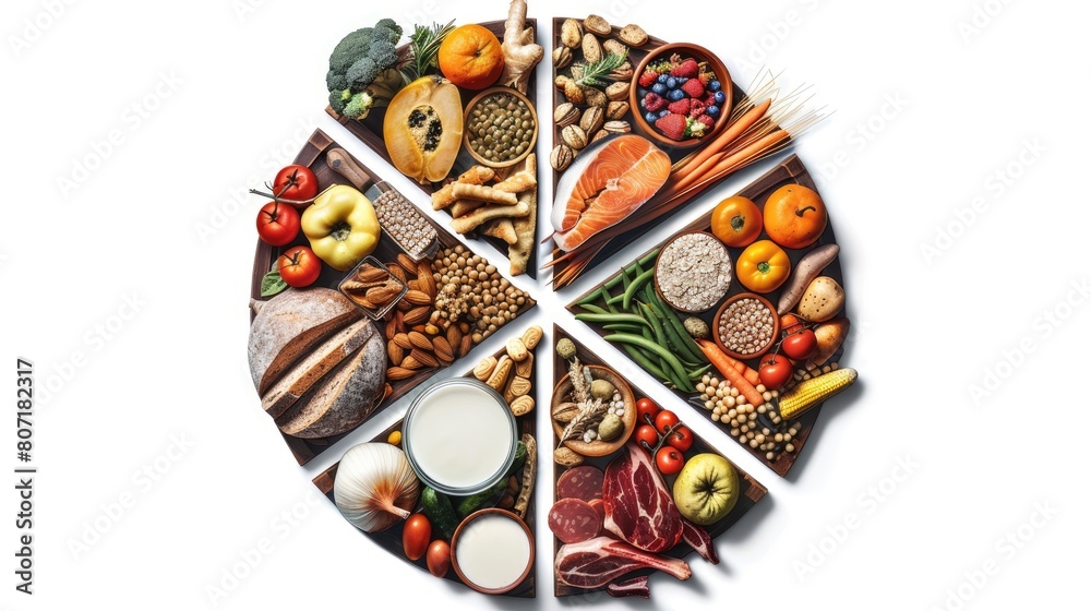 a food group pie chart alongside a pyramid diagram, illustrating the ...