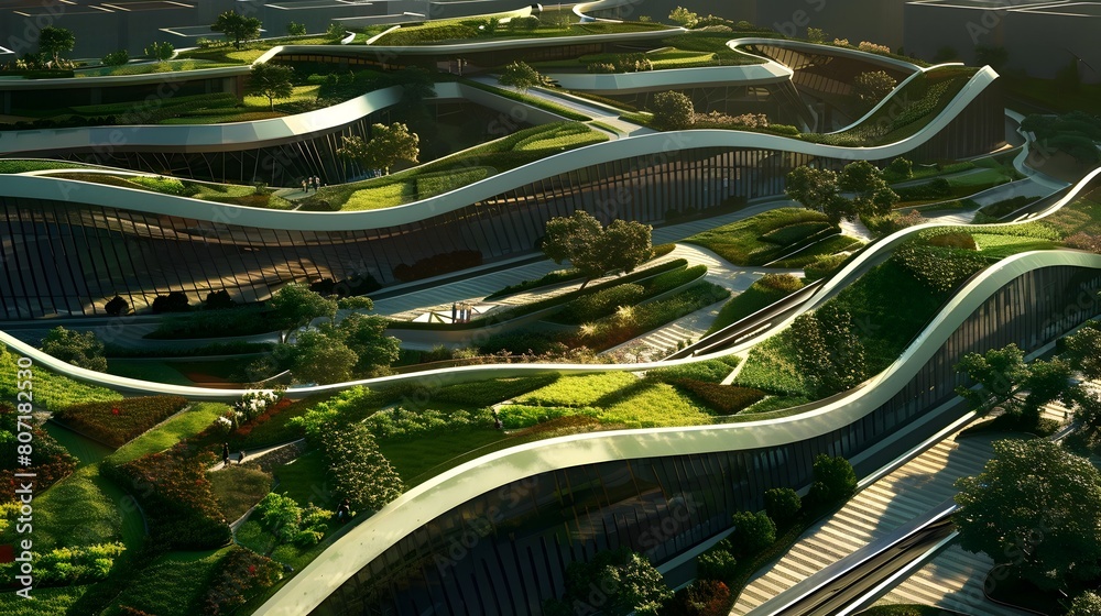 Futuristic City with Rooftop Forest and Green Roofs, To showcase a ...