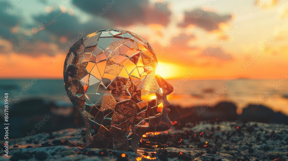 Cracked sculpture of a human head on a beach at sunset. Post-Traumatic ...
