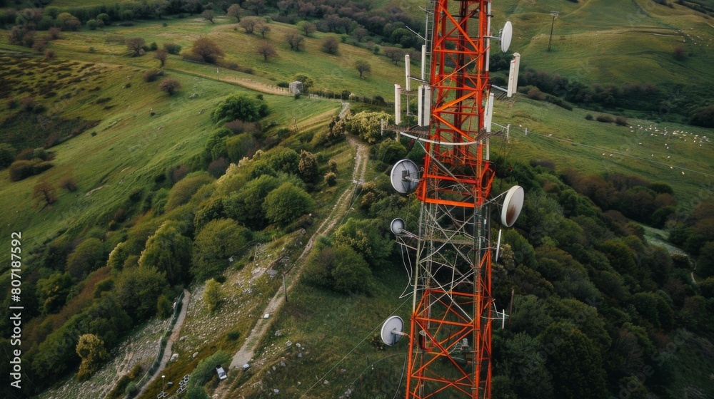 Close-up of a signal tower in a rural landscape, bridging the digital ...