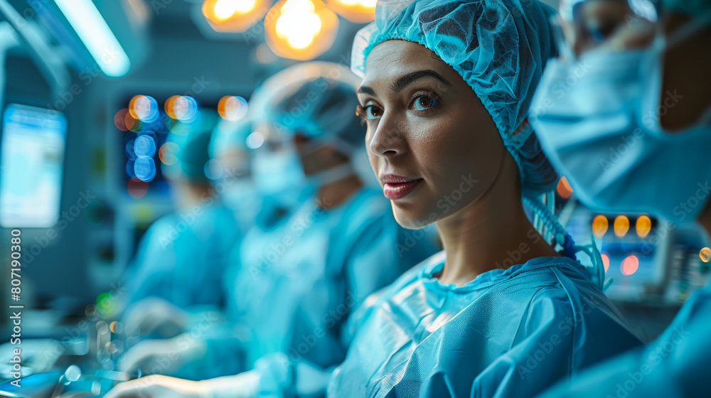 A nurse in the operating room is organizing the surgical instruments on ...