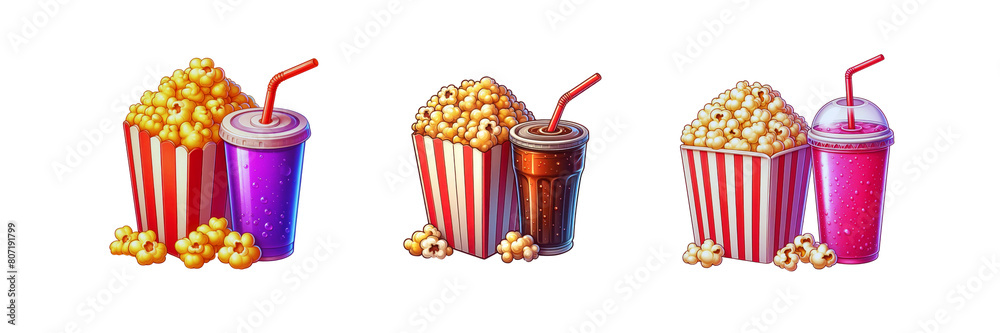 Set of Illustration of popcorn and soft drink clipart, isolated over on ...