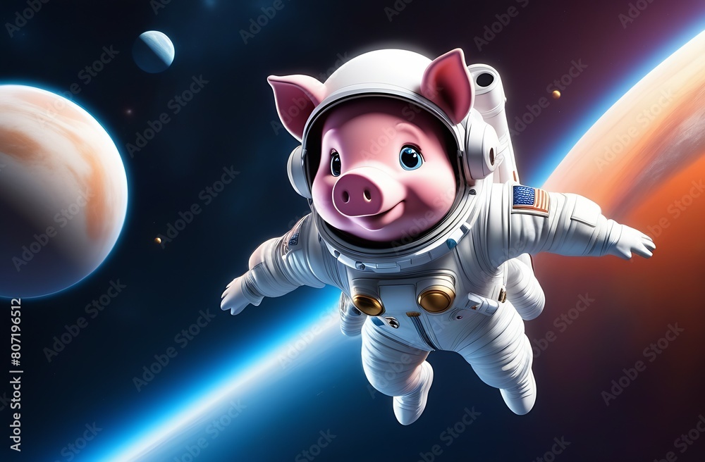 Cartoon character pig in an astronaut's spacesuit flies in outer space ...
