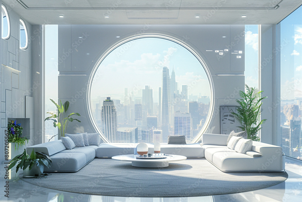 Futuristic interior design living room with large round window in the ...