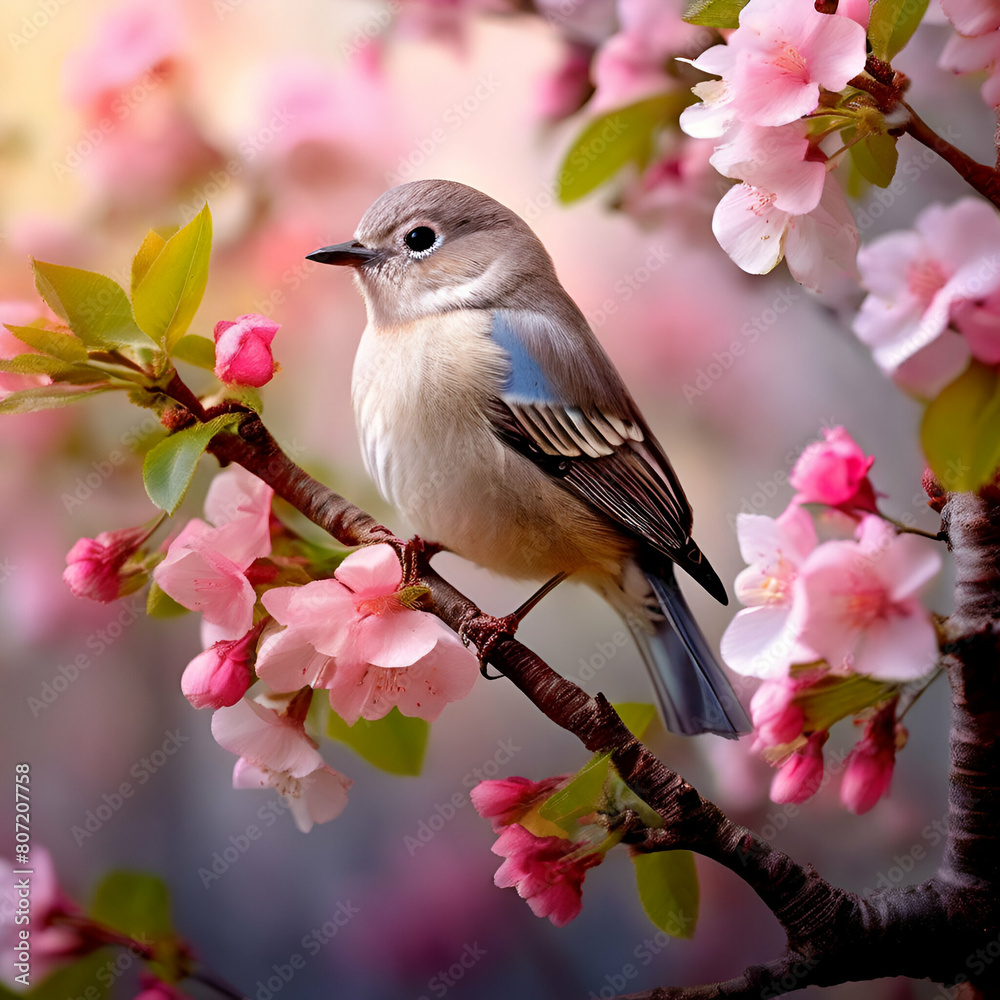 petit oiseau au printemps dans les arbres fruitiers en fleurs,Oiseau ...