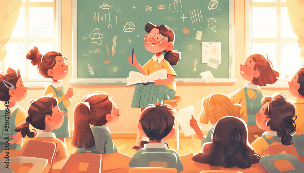 In a whimsical cartoon-style illustration, a primary school teacher ...
