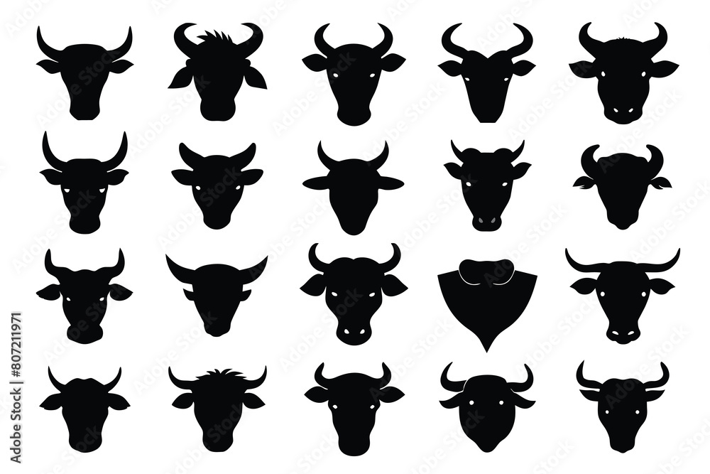 Set of Bull and cow head black Silhouette Design with white Background ...