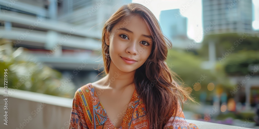 Youthful Southeast Asian woman smiles softly in an urban setting, with ...