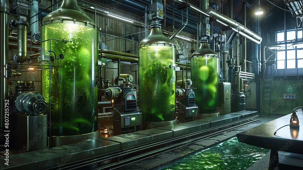 Industrial Futuristic Laboratory with Glowing Green Liquid Pods ...