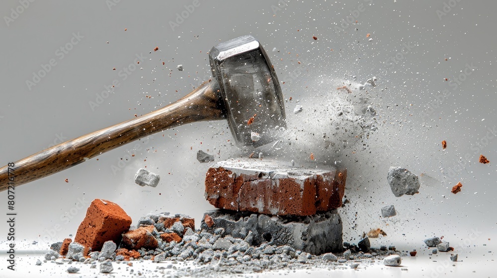 Illustrate a sequence of actions where a steel hammer strikes a brick ...